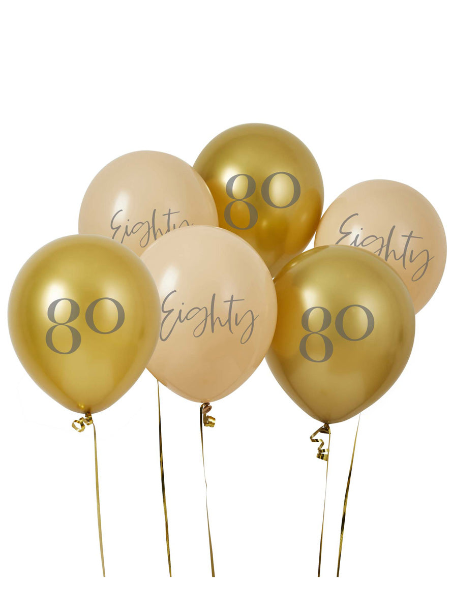 6 Pack Gold And Cream 80th Balloons | Birthday Balloons