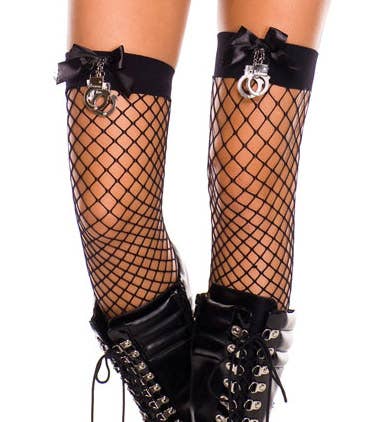 Black Fishnet Thigh High Stockings with Handcuffs | COSTUME HOSIERY