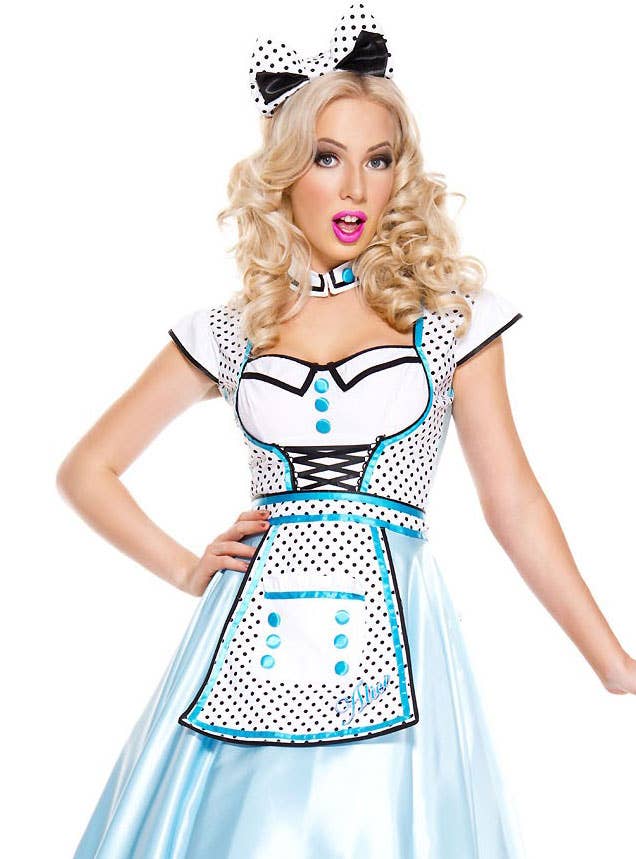 Mid Length Blue Satin Alice Costume | Womens Wonderland Alice Costume