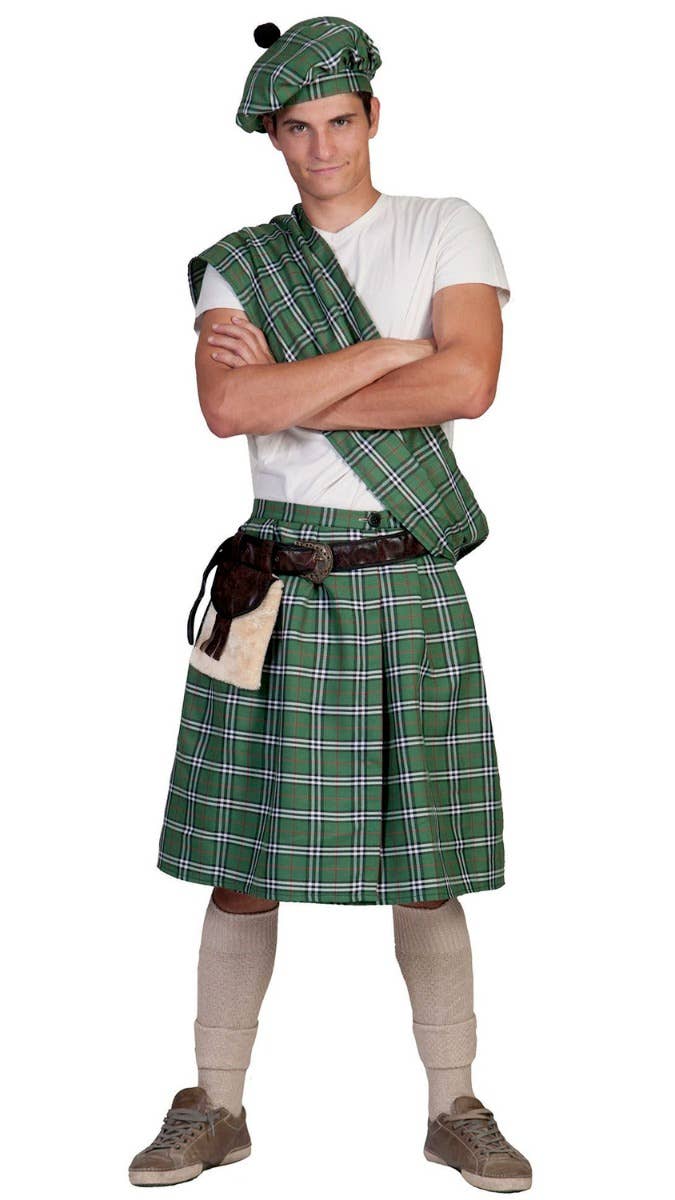 Scottish Highlander Mens Costume | Mens Green Tartan Kilt Costume