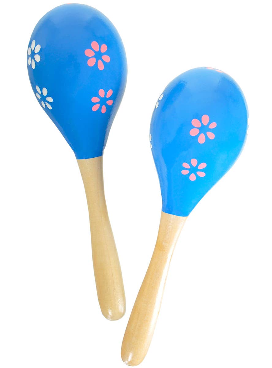 2 Pack Blue Floral Print Dot Wooden Maracas