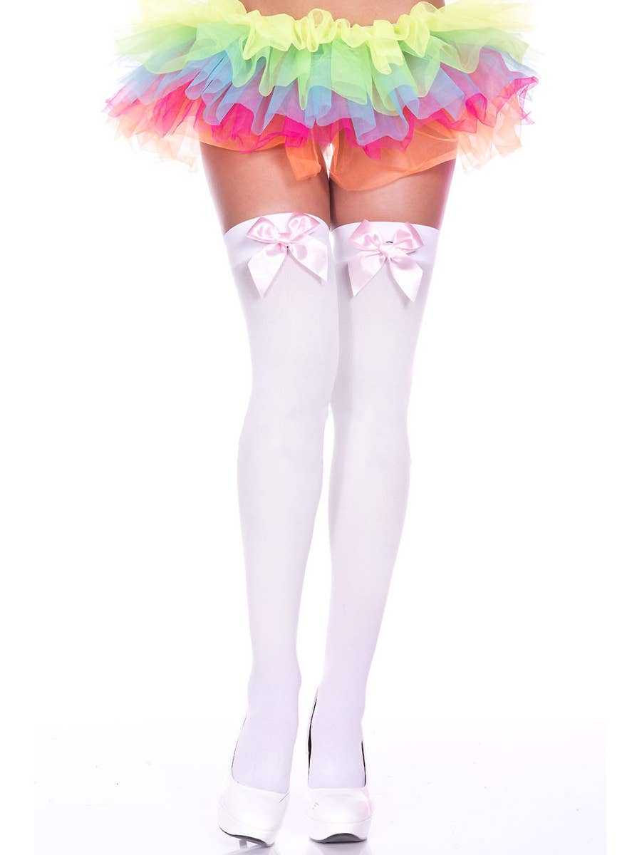 Sexy Stockings With Bows White Thigh High Stockings With Pink Bows