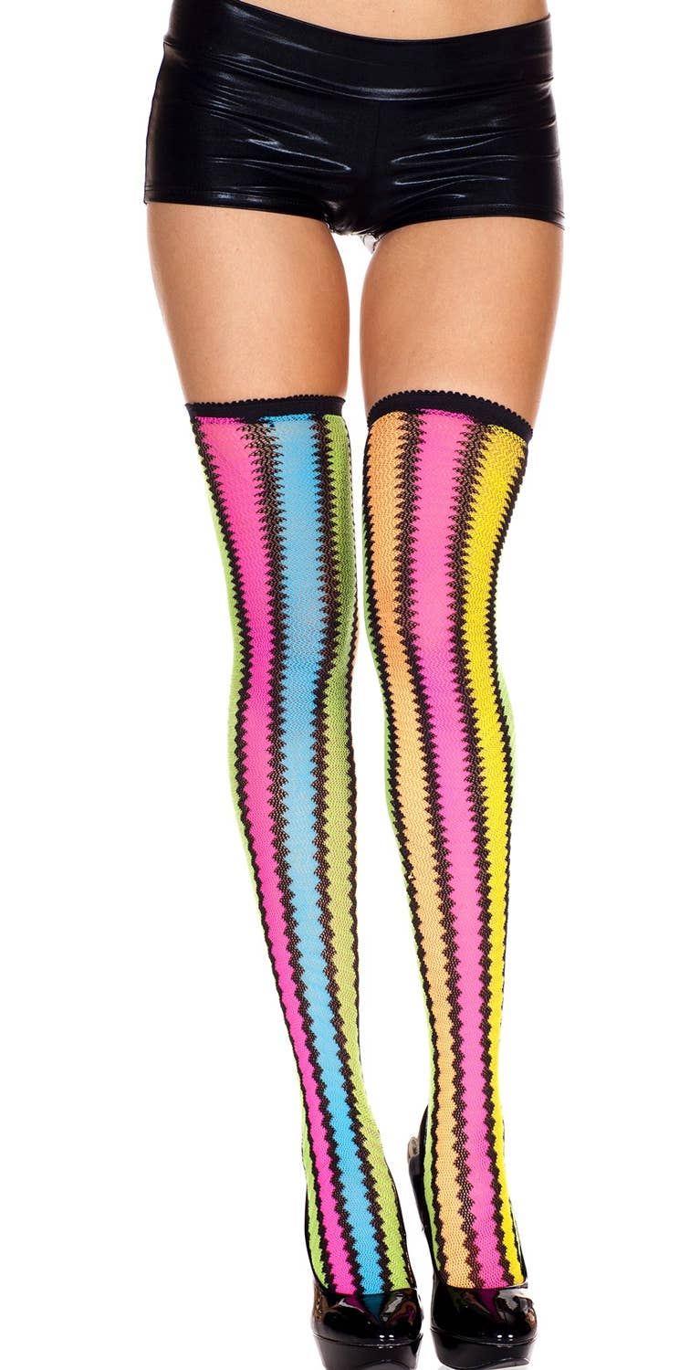 Striped Zig Zag Stockings | Spandex Zig Zag Rainbow Thigh Highs
