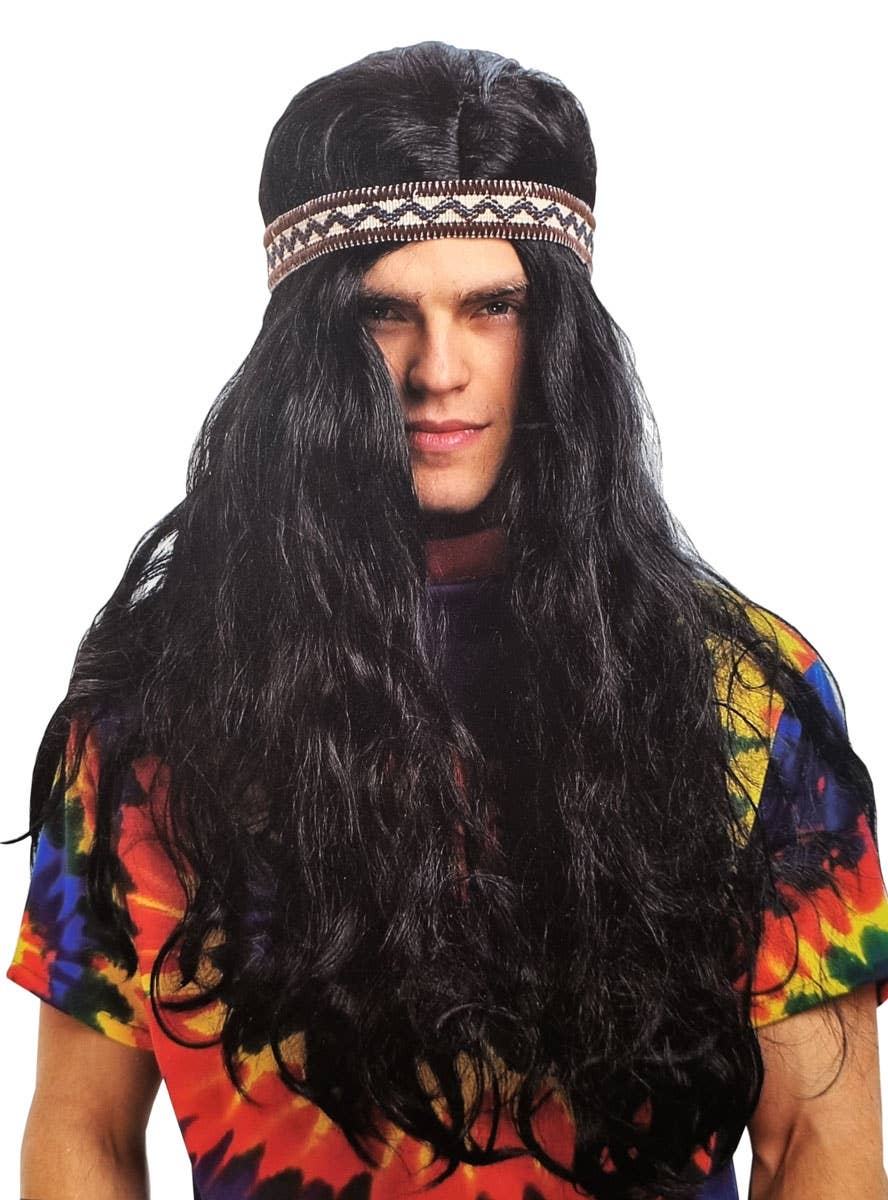 Mens Long Black 70s Hippie Costume Wig | Heaven Costumes