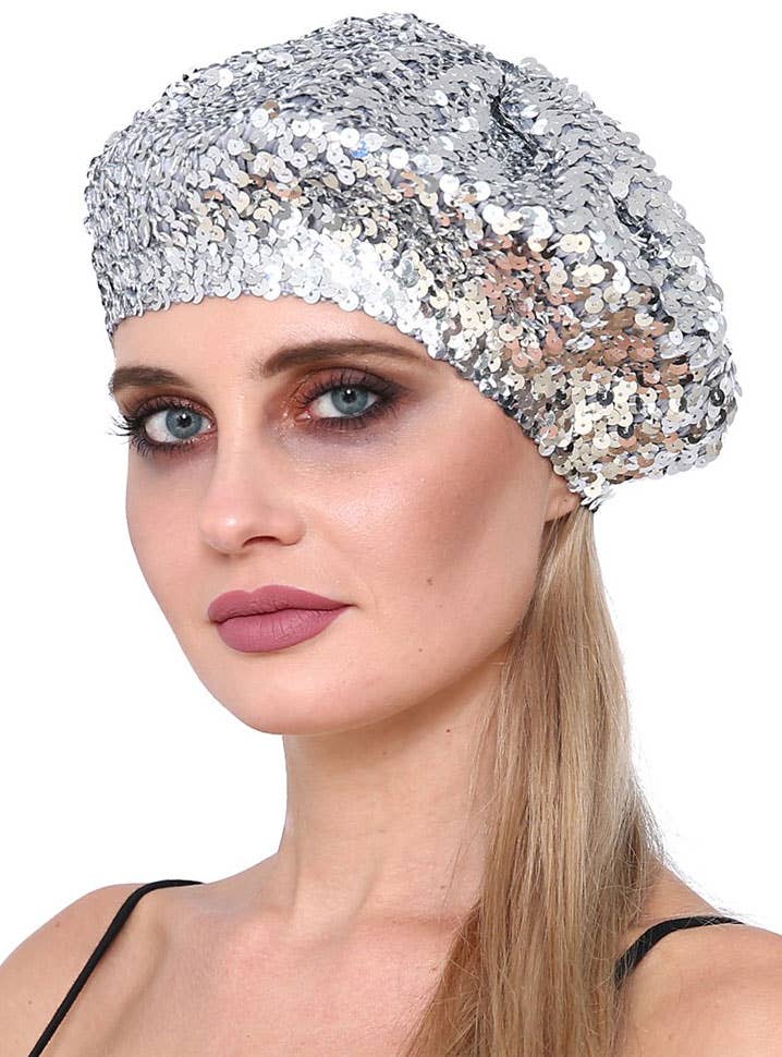 Silver Sequinned Disco Costume Hat | 1970s Silver Costume Beret