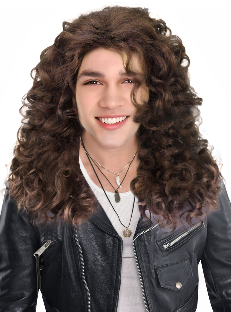 Mens Long Brown Curly 80s Costume Wig | Mens Costume Wig