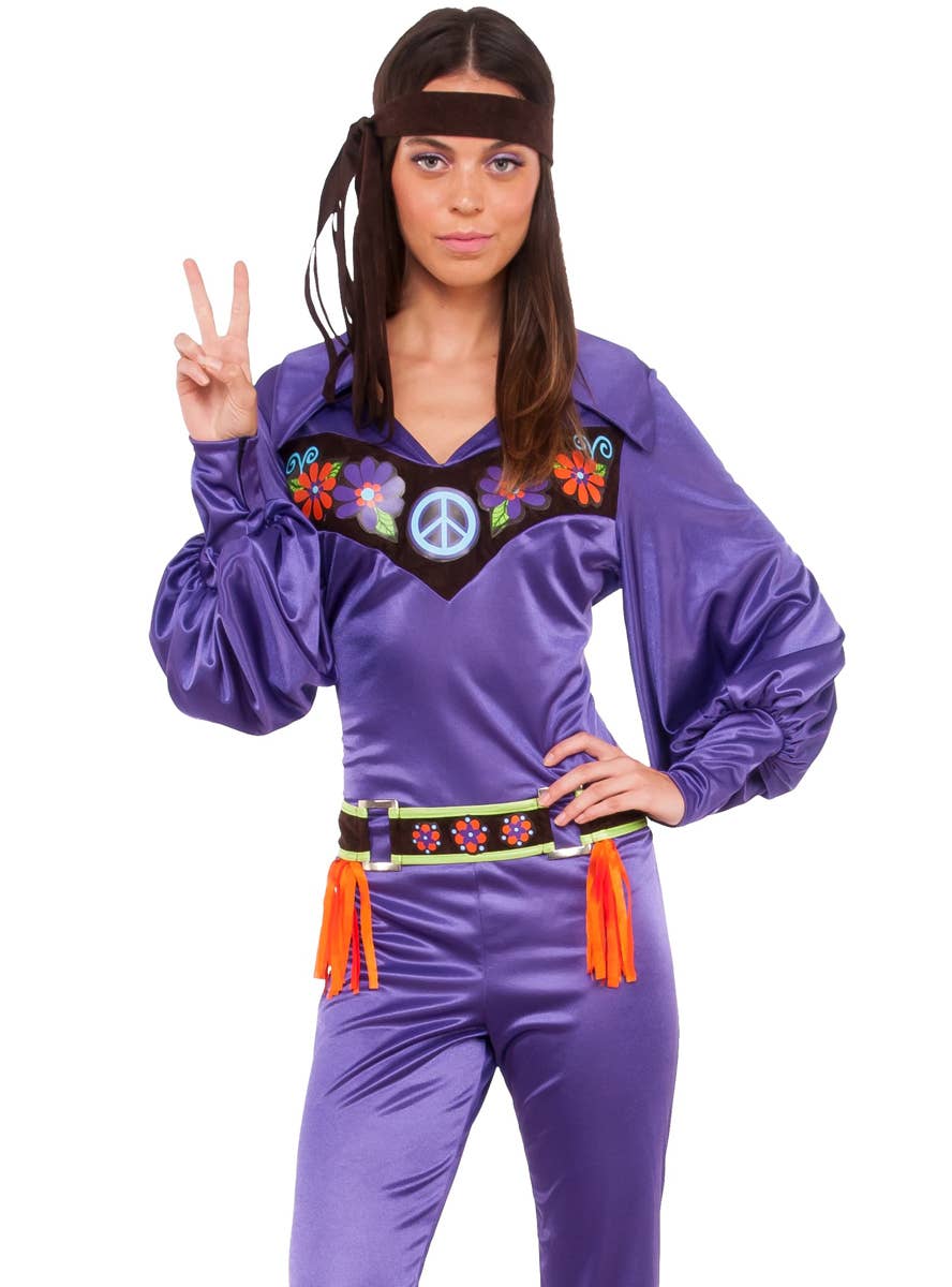 Womens Hippie Costume | Purple Flared Hippie Babe 1970s Costume
