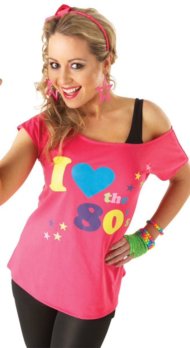 Womens Pink I Love the 80s Off the Shoulder Top | Womens 80s Top