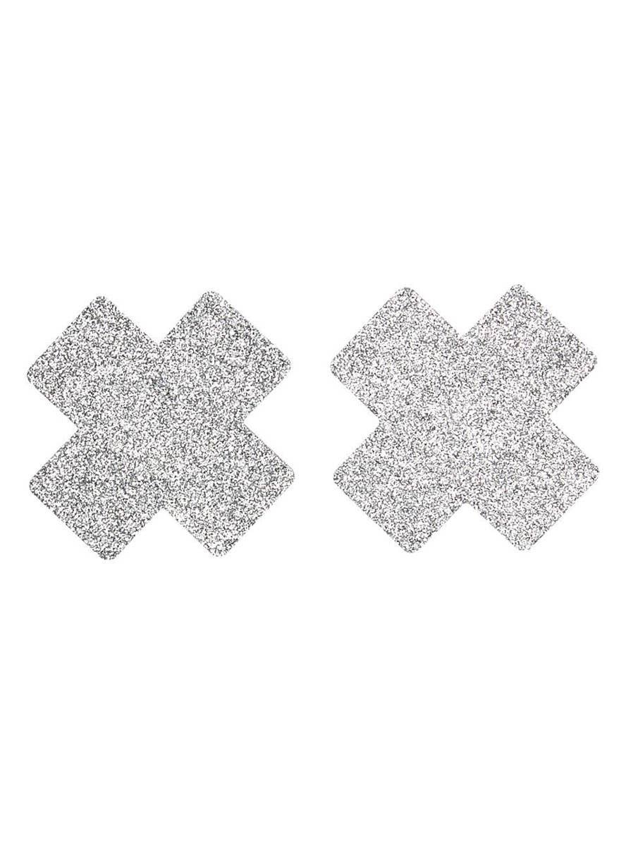 Silver Glitter Cross Pasties | Stick On Cross Shape Nipple Stickers