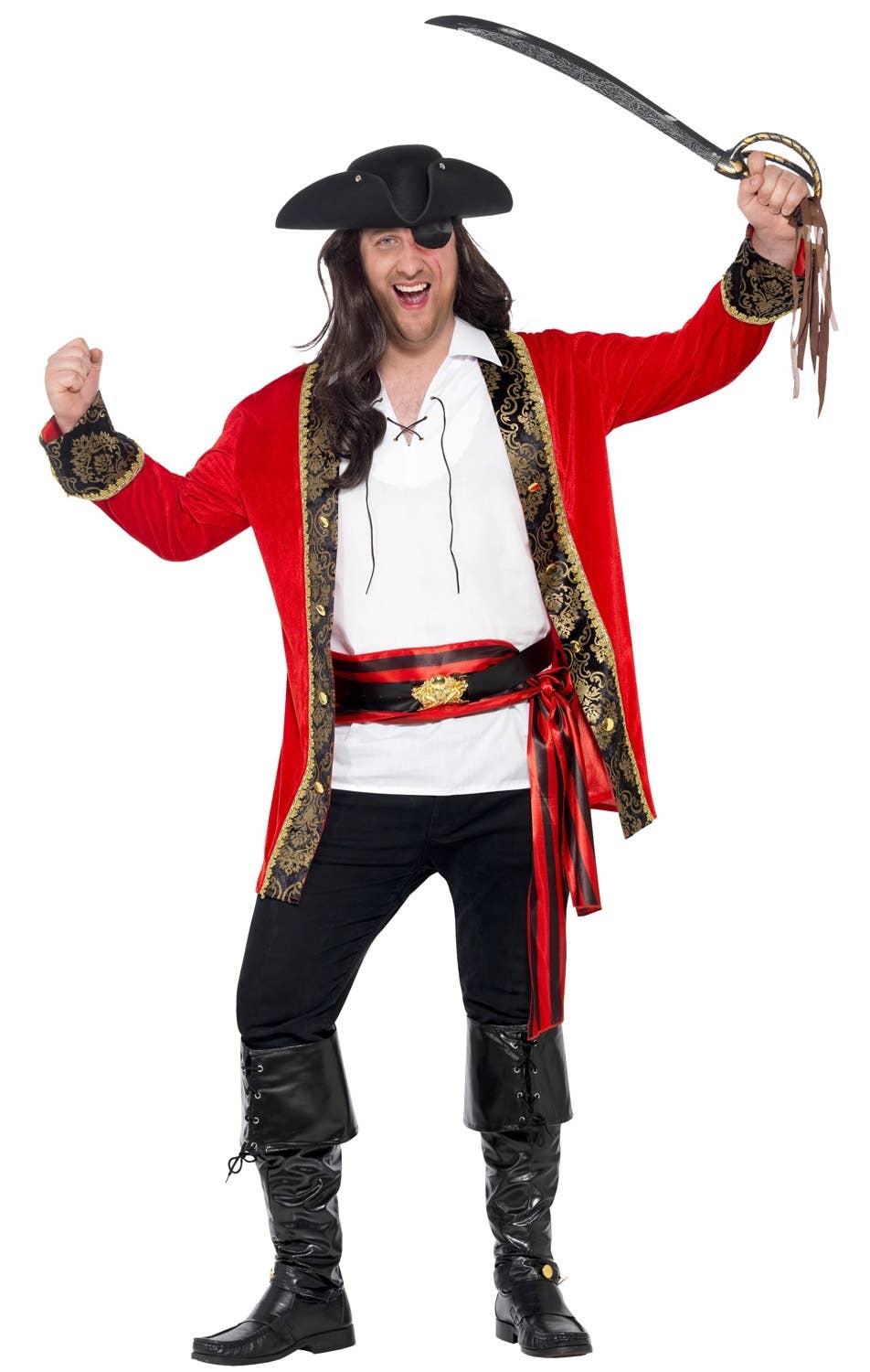 Long Red Velvet Captain Hook Outfit | Plus Size Mens Pirate Costume