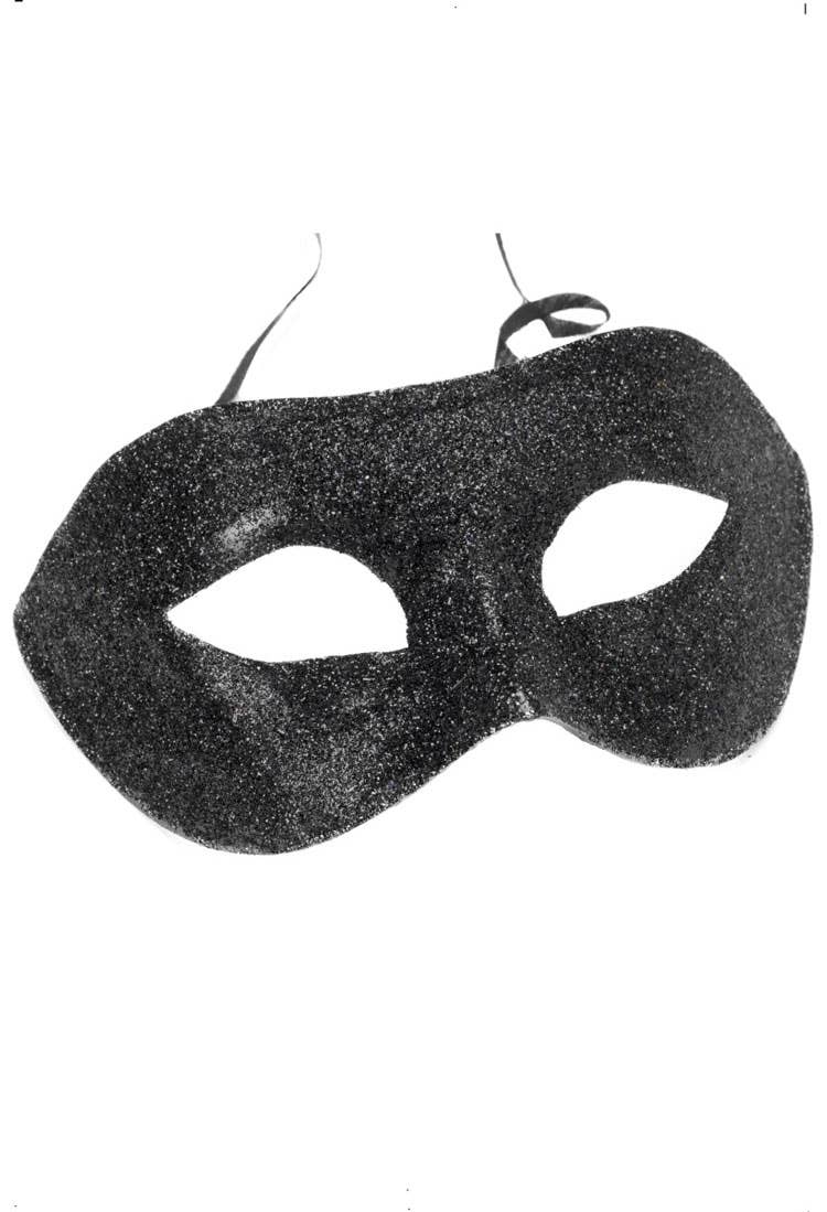 Black Masquerade Mask | Simple Black Glitter Adults Tie On Mask