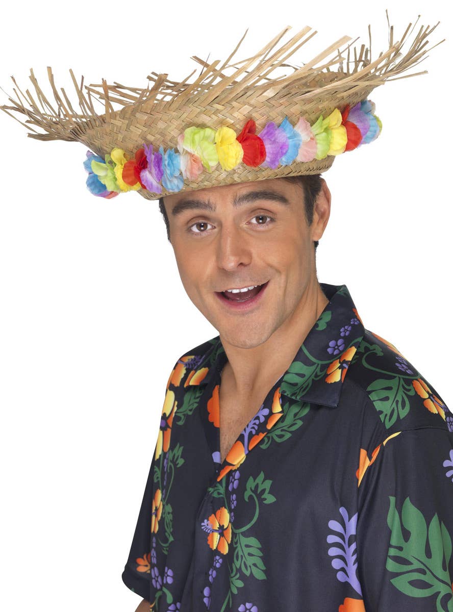 Adults Straw Hawaiian Hat | Hawaiian Straw Hat with Flowers