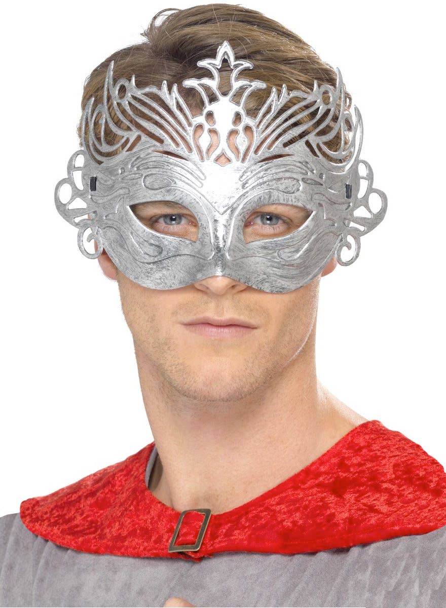Silver Mens Masquerade Mask | Mens Silver Colombina Tie On Mask