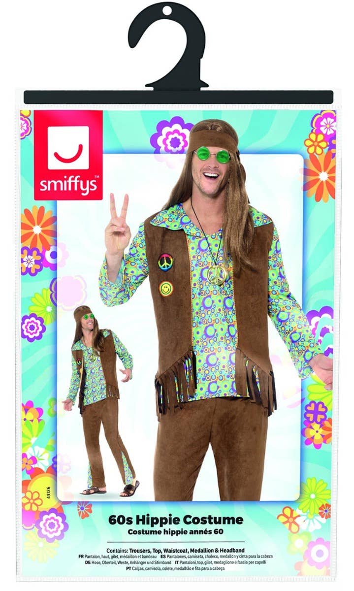 Multicolour Brown Hippie Costume | 1960s Hippie Mens Dress Up