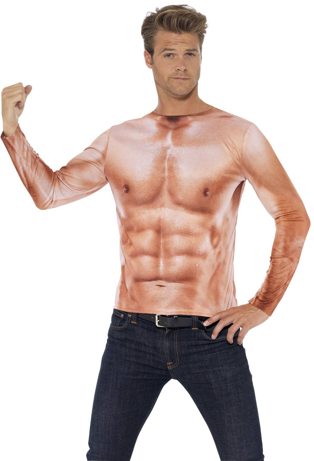 Realistic Muscles Mens Costume Top | Fake Six Pack Print Shirt