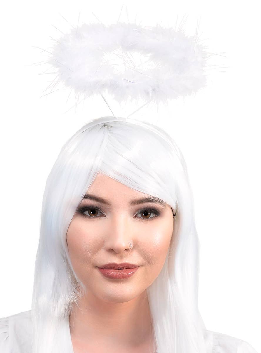 Fluffy White Halo with Tinsel | Feather Angel Halo Costume Accessory