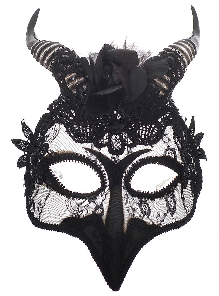 Sheer Black Lace Bird Mask | Horned Bird Mask Costume Accessory