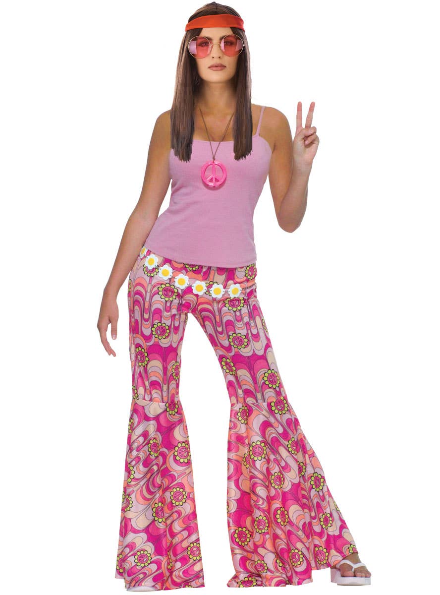 Pink Flower Power Hippie Costume Pants | Womens 1970s Flare Pants