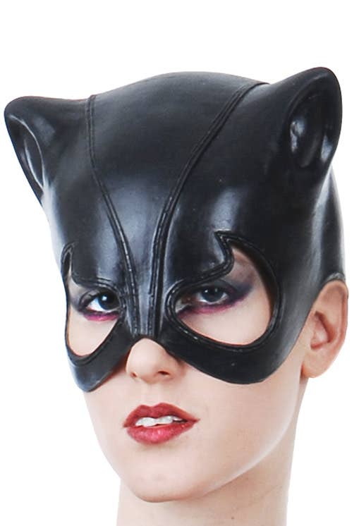 Adults Black Cat Latex Mask | Black Latex Catwoman Costume Mask
