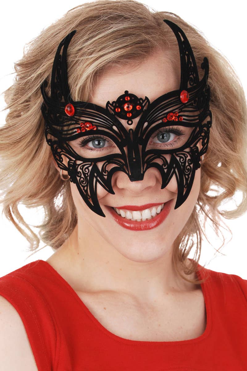 Black Flocked Filigree Devil Mask | Devil Masquerade Costume Mask