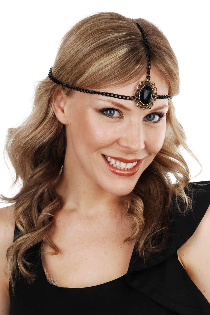 Black Head Chain with Gem | Womens Gothic Black Headpiece Accessory