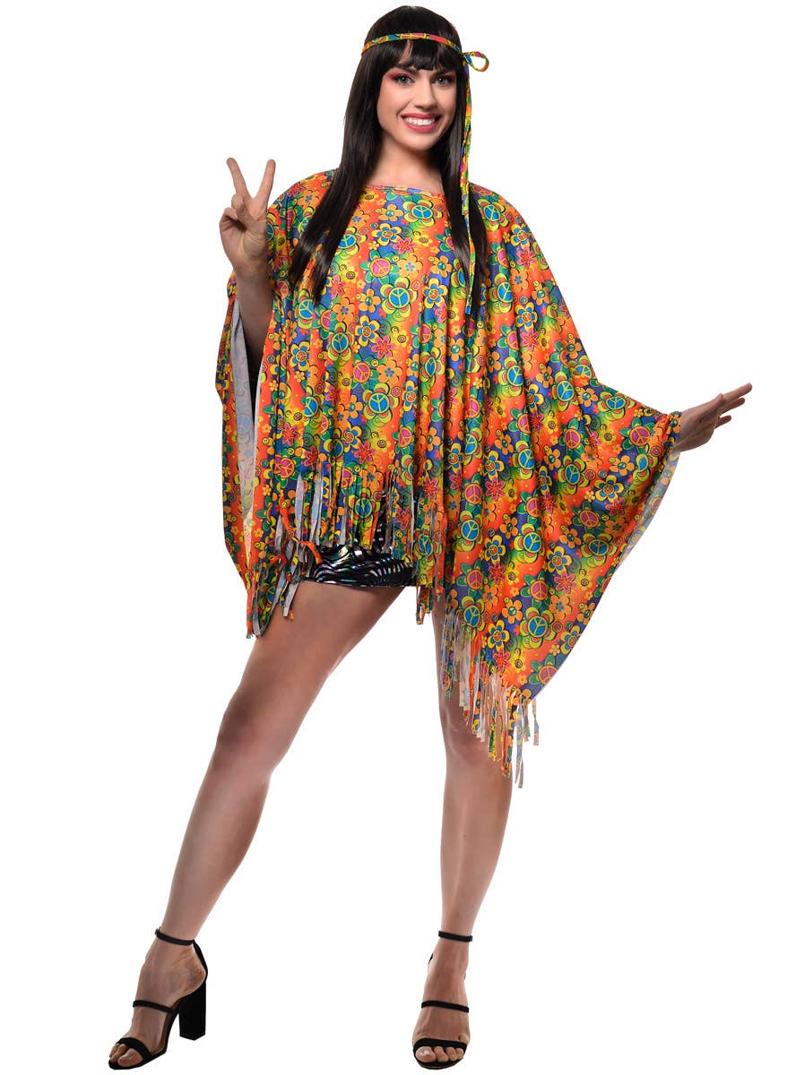 Womens 70s Flower Hippie Poncho | Hippie Costume Poncho for Adults