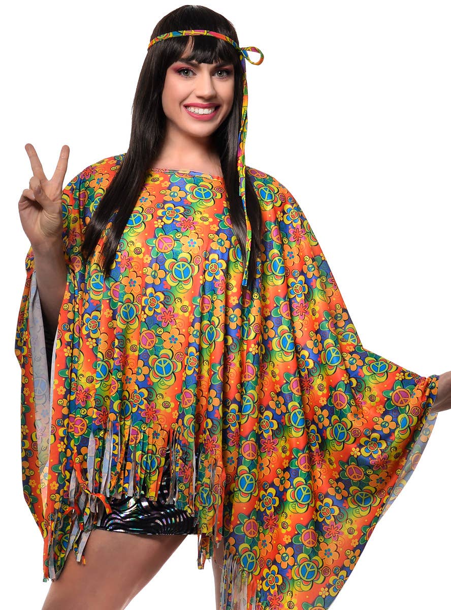 Womens 70s Flower Hippie Poncho | Hippie Costume Poncho for Adults
