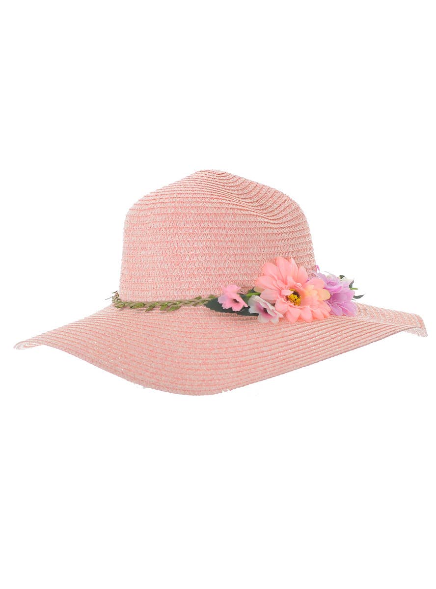 Pink Floral Straw Sun Hat | Floppy Spring Costume Hat with Flowers