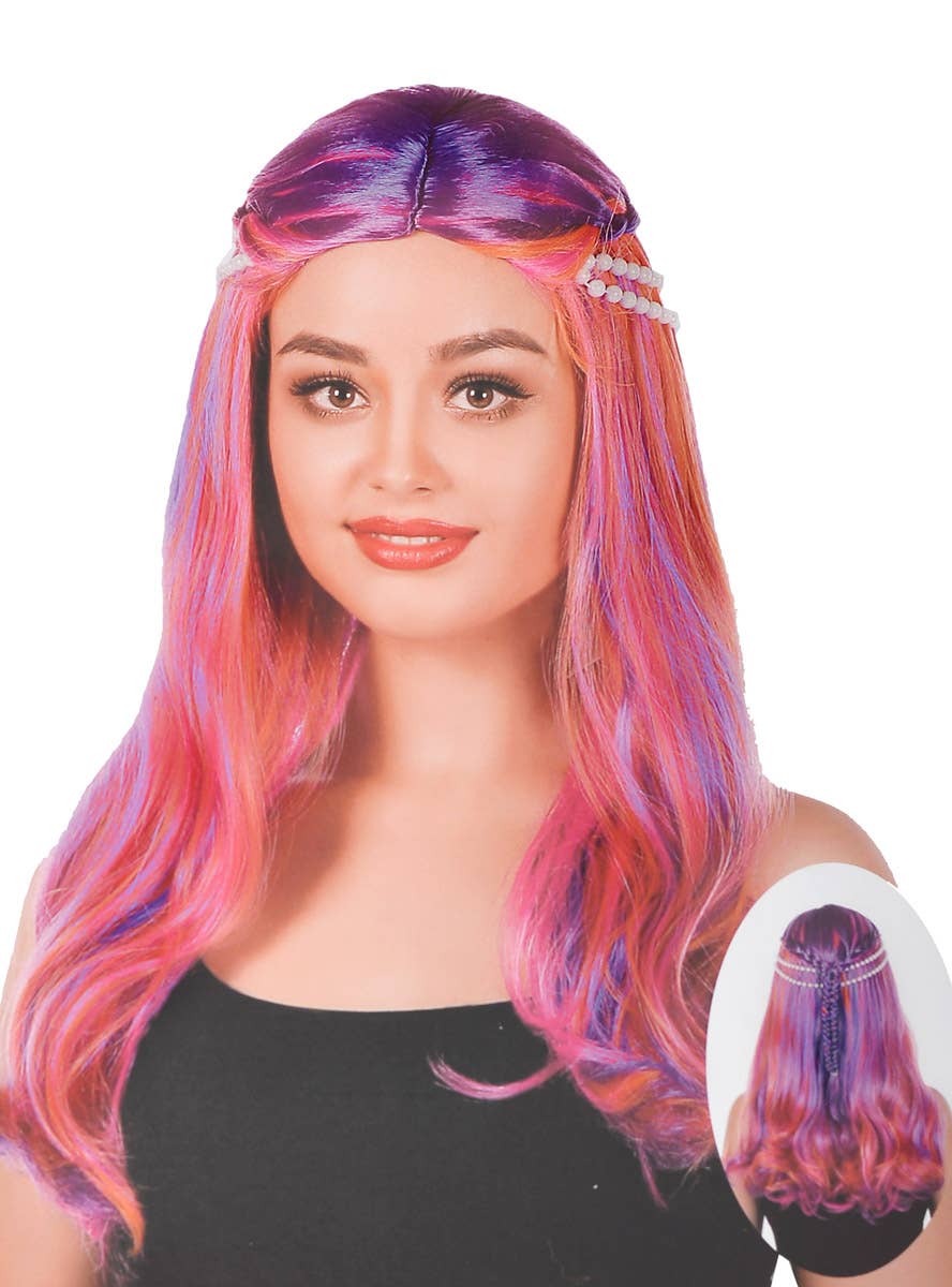 Long Purple & Orange Womens Wig | Mermaid Costume Wig with Braids