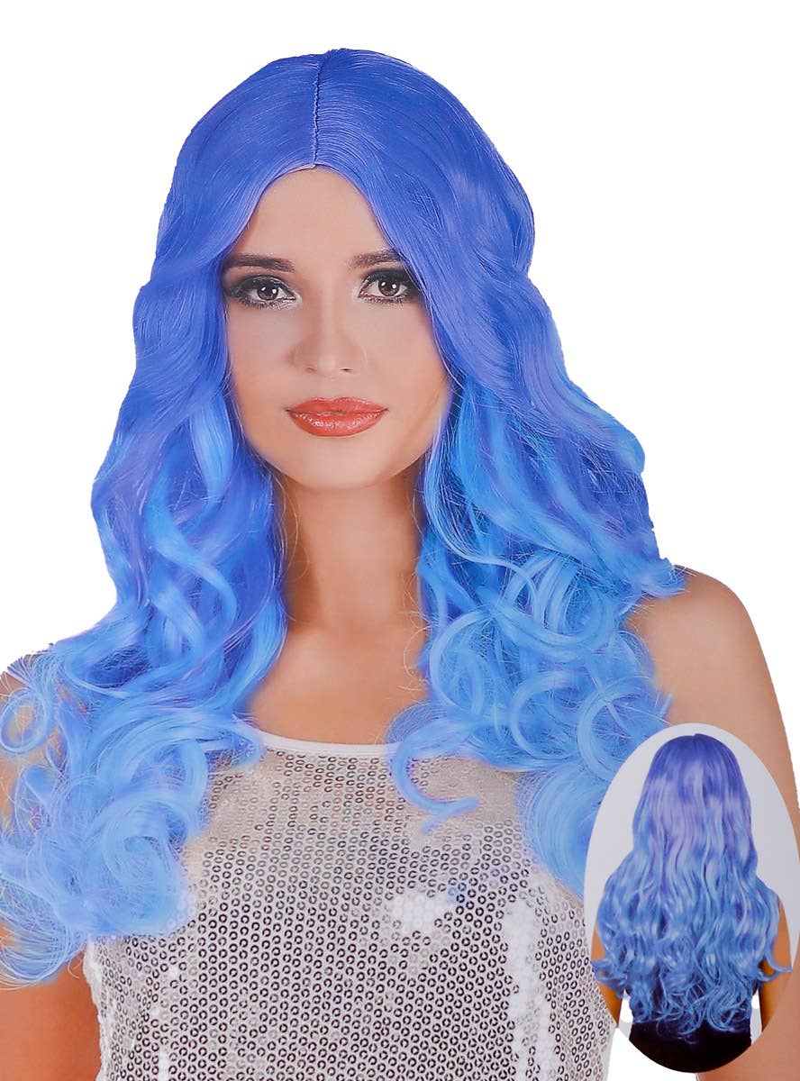 Curly Blue Ombre Costume Wig | Womens Long Blue Party Wig