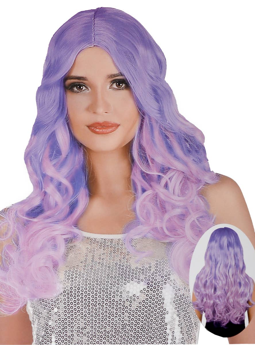 Pink & Purple Ombre Costume Wig | Womens Long Curly Purple Wig