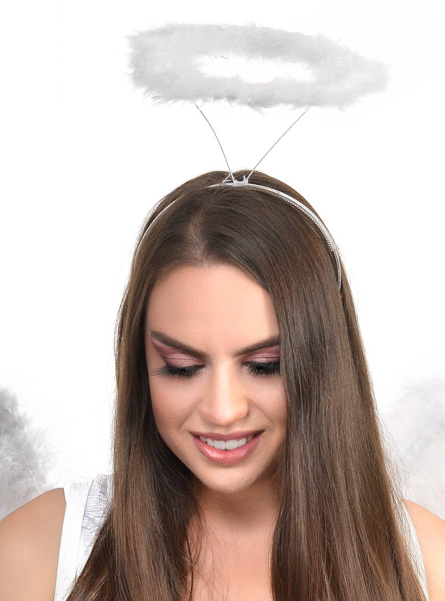 White Angel Halo | White Feather Halo on Headband Costume Accessory