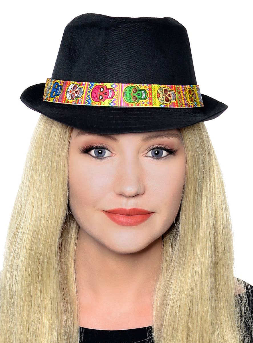 Sugar Skull Day of the Dead Fedora | Mexican Black Costume Fedora