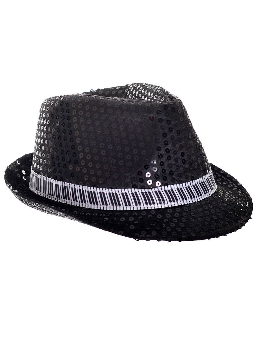 Black Fedora Hat with Piano Keys Band | Sequinned Black Costume Hat