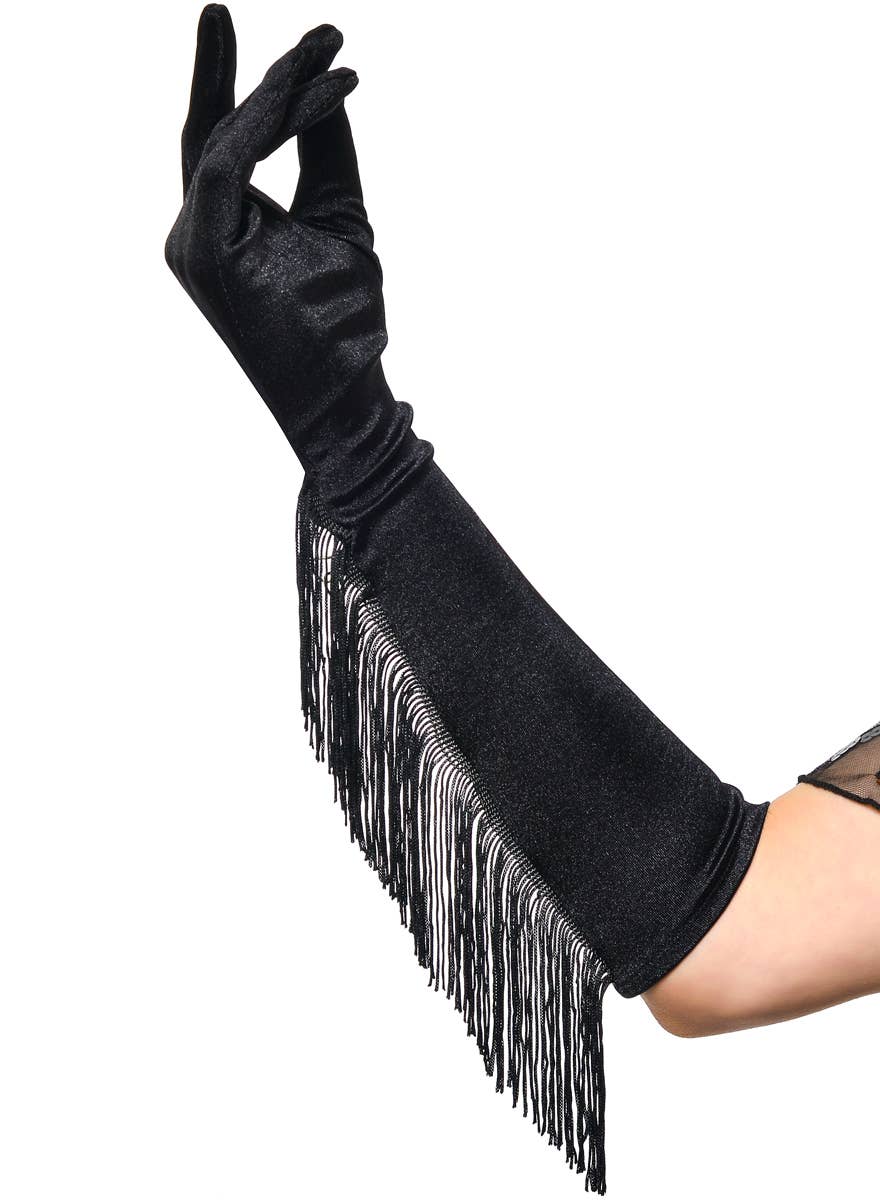 Long Black Gloves with Tassels | 1920s Black Flapper Costume Gloves