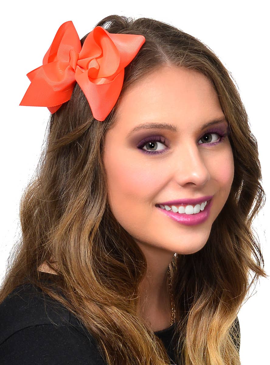 80s Neon Orange Clip On Bow Hair | 1980s Hair Bow Costume Accessory