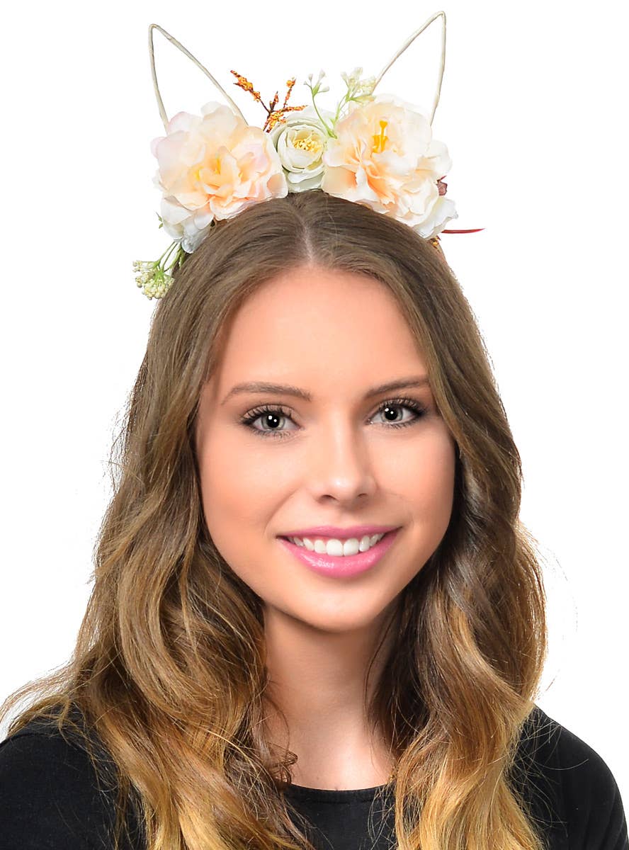 Cream Floral Bunny Ears | Adults Wire Bunny Ears Costume Accessory