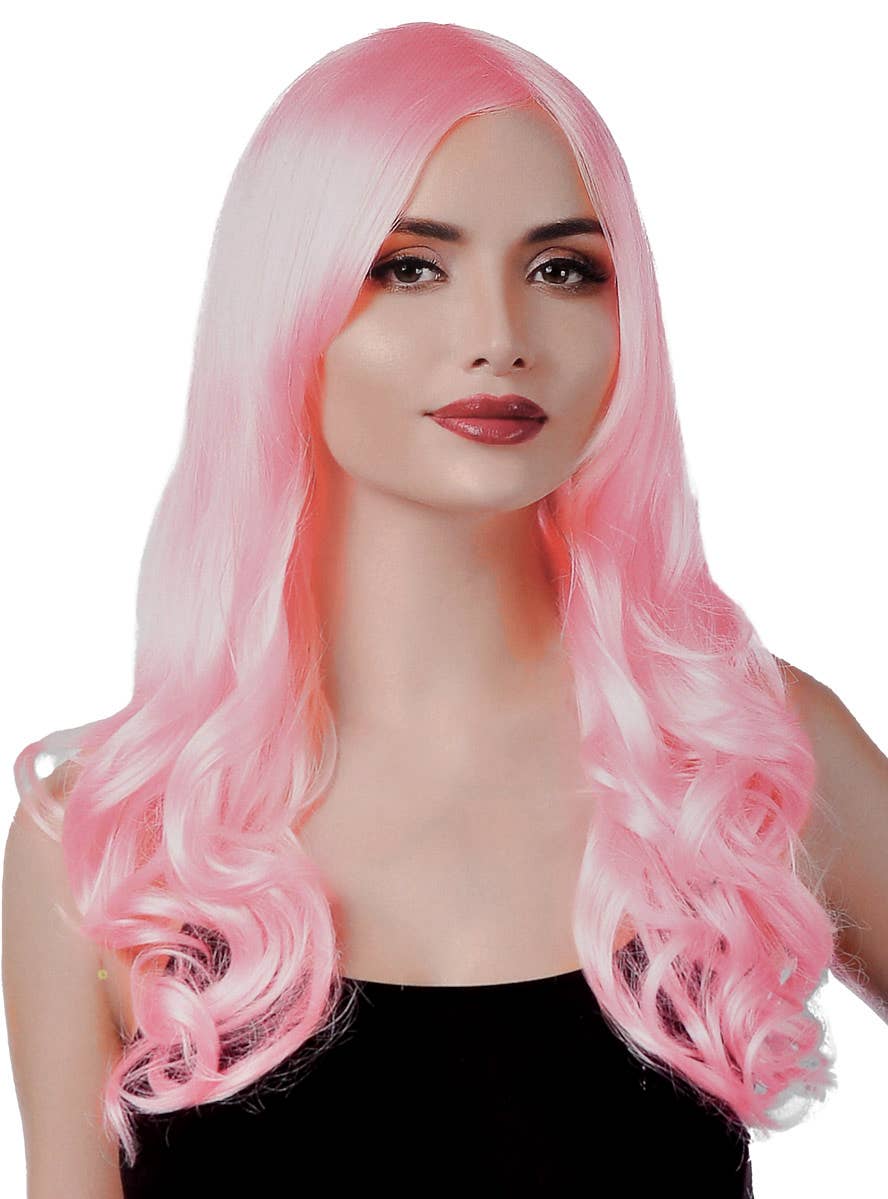 Long Pastel Pink Costume Wig | Womens Wavy Light Pink Party Wig
