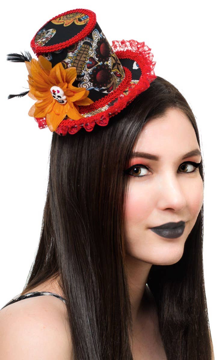 Womens Sugar Skull Mini Top Hat | Day of The Dead Costume Accessory