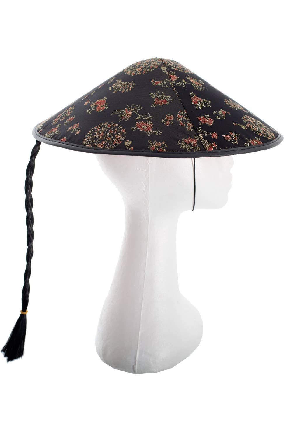 Black Chinese Hat with Plait | Adults Black Brocade Chinese Hat