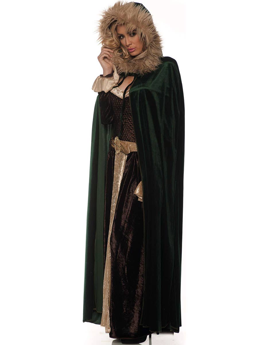 Green Velvet Renaissance Costume Cape | Green Cape with Brown Fur Hood