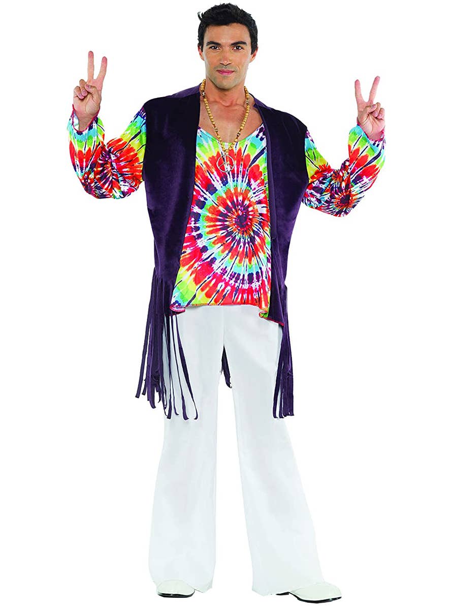 Rainbow Tie Dye Hippie Outfit | Mens 60s Hippie Costume Shirt and Vest