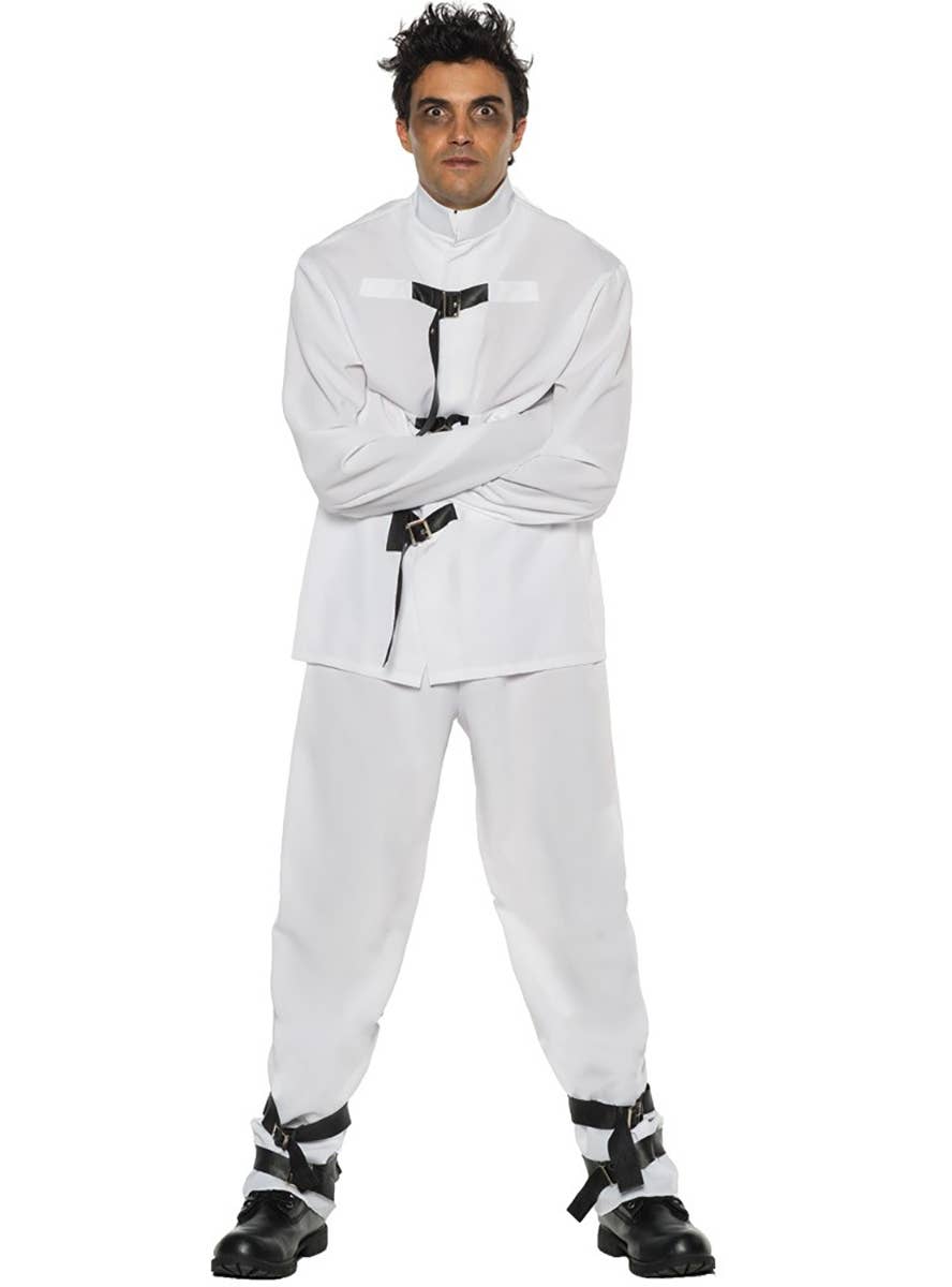 Full White Prisoner Straitjacket Outfit | Mens Asylum Madness Costume