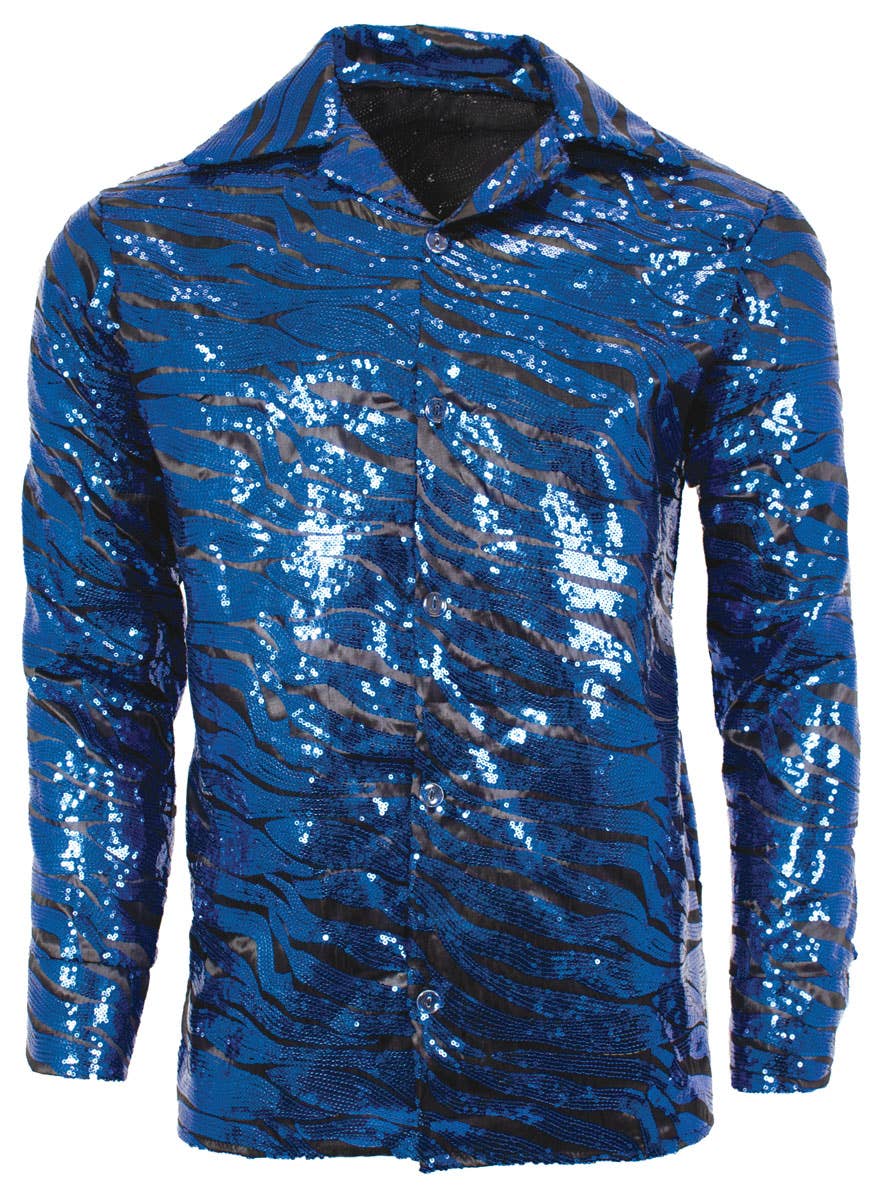 Mens Blue Sequin Tiger King Costume Shirt | Blue Tiger King Shirt