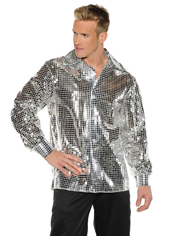 Shiny Disco Ball Costume Shirt | Silver 70s Disco Costume Top for Men