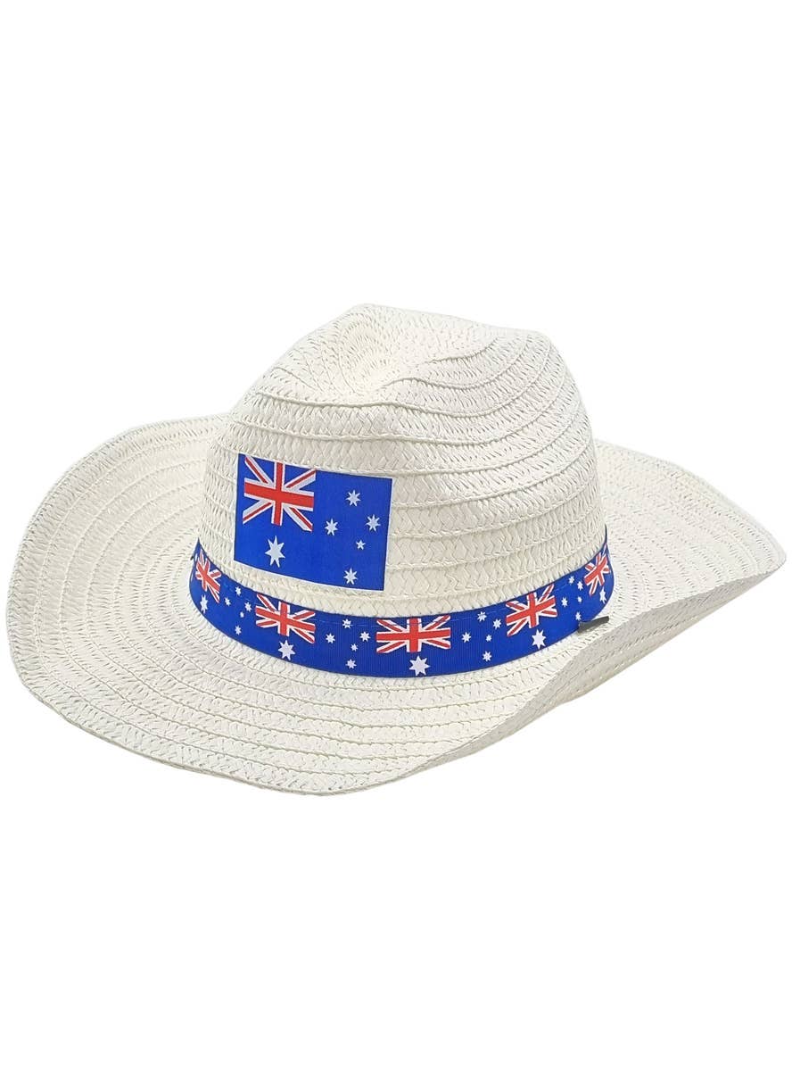 White Straw Look Cowboy Hat with Australian Flags