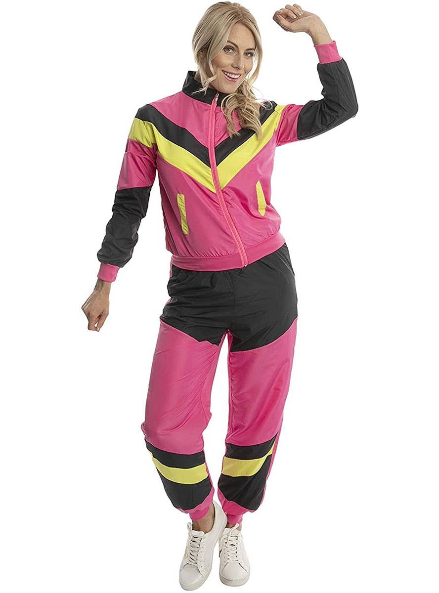 Womens Pink and Black 1980s Tracksuit Costume
